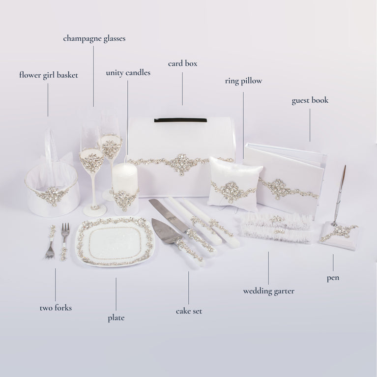 White Ideal wedding set of 17 pcs, Personalized | VIZZARA