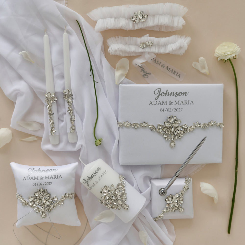 White Ideal wedding set of 17 pcs, Personalized | VIZZARA
