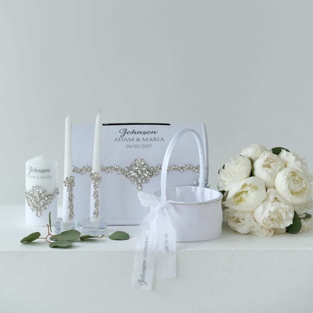 White Ideal wedding set of 17 pcs, Personalized | VIZZARA