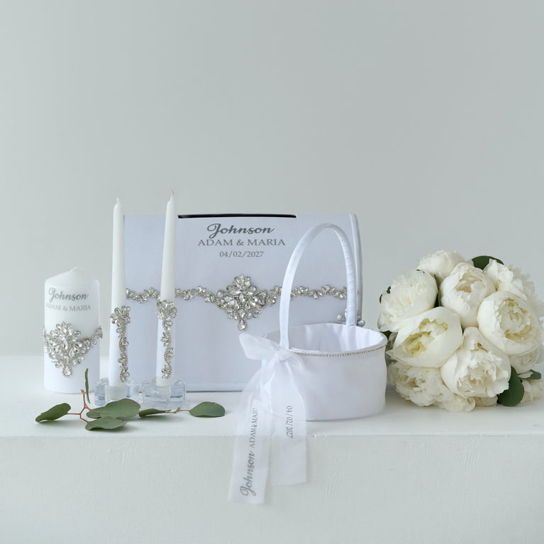 White Ideal wedding set of 17 pcs, Personalized | VIZZARA